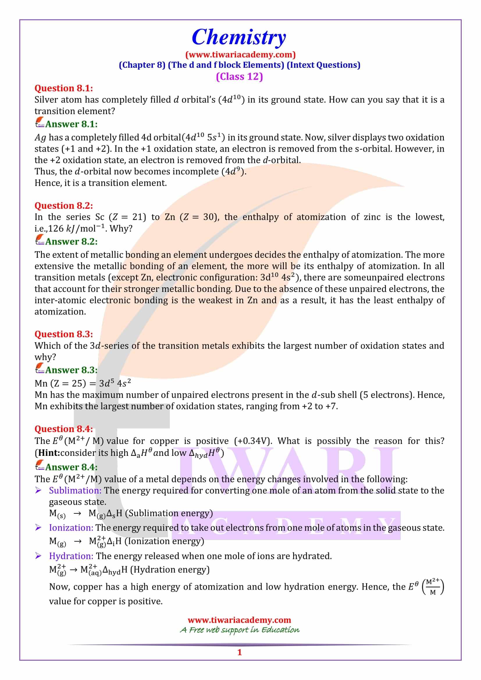 NCERT Solutions for Class 12 Chemistry Chapter 8 in Hindi and English