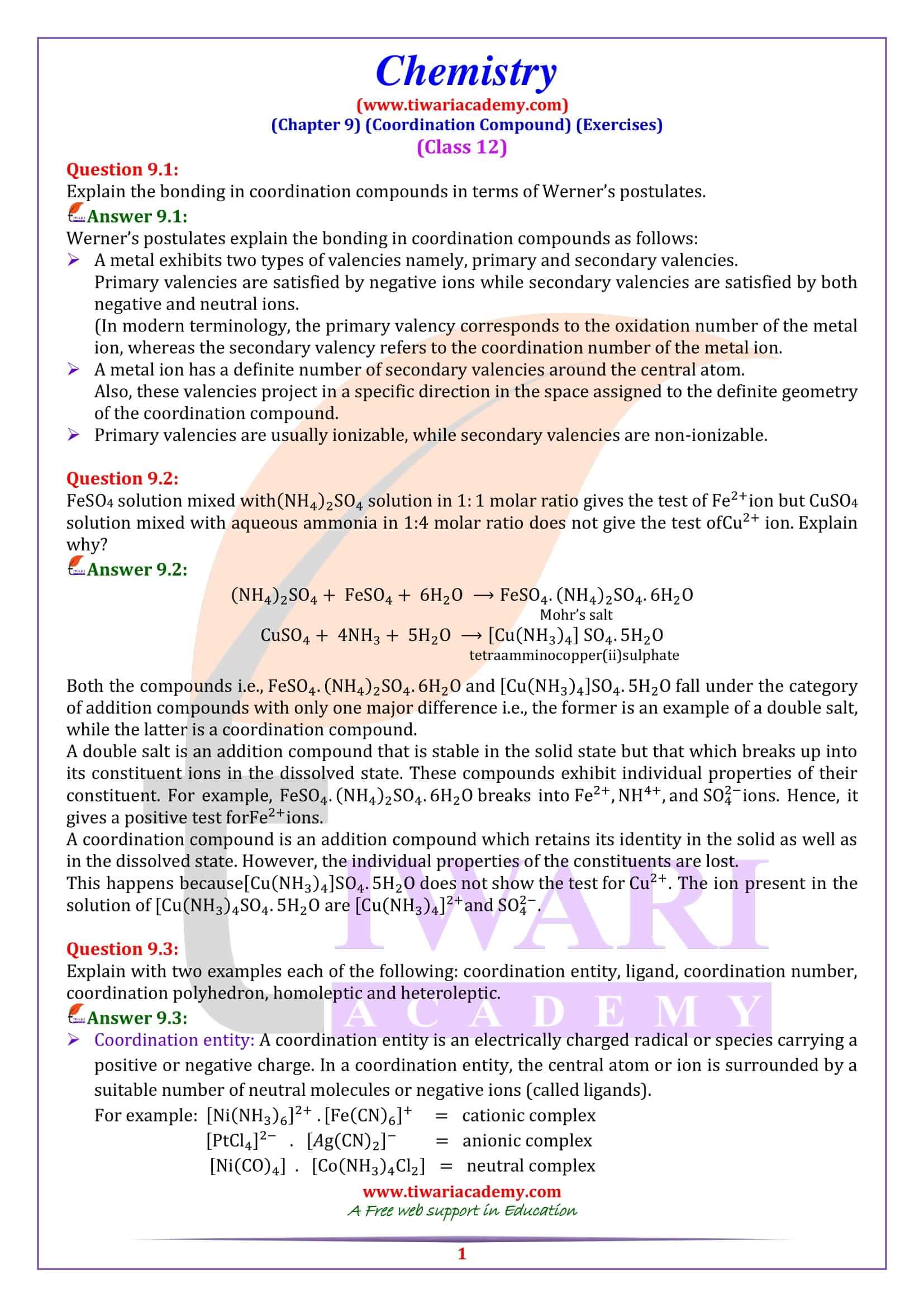 NCERT Solutions for Class 12 Chemistry Chapter 9 Coordination Compound
