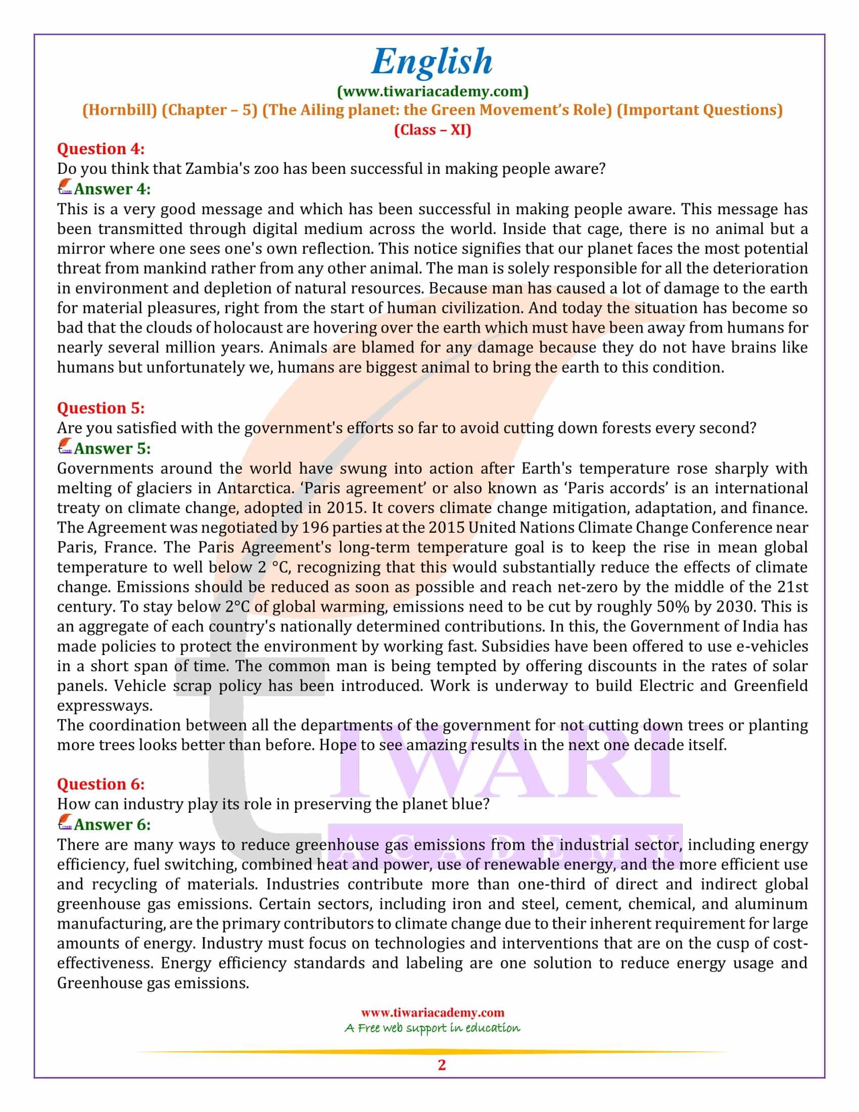 Class 11 English Hornbill Chapter 5 Important Questions Ailing Planet
