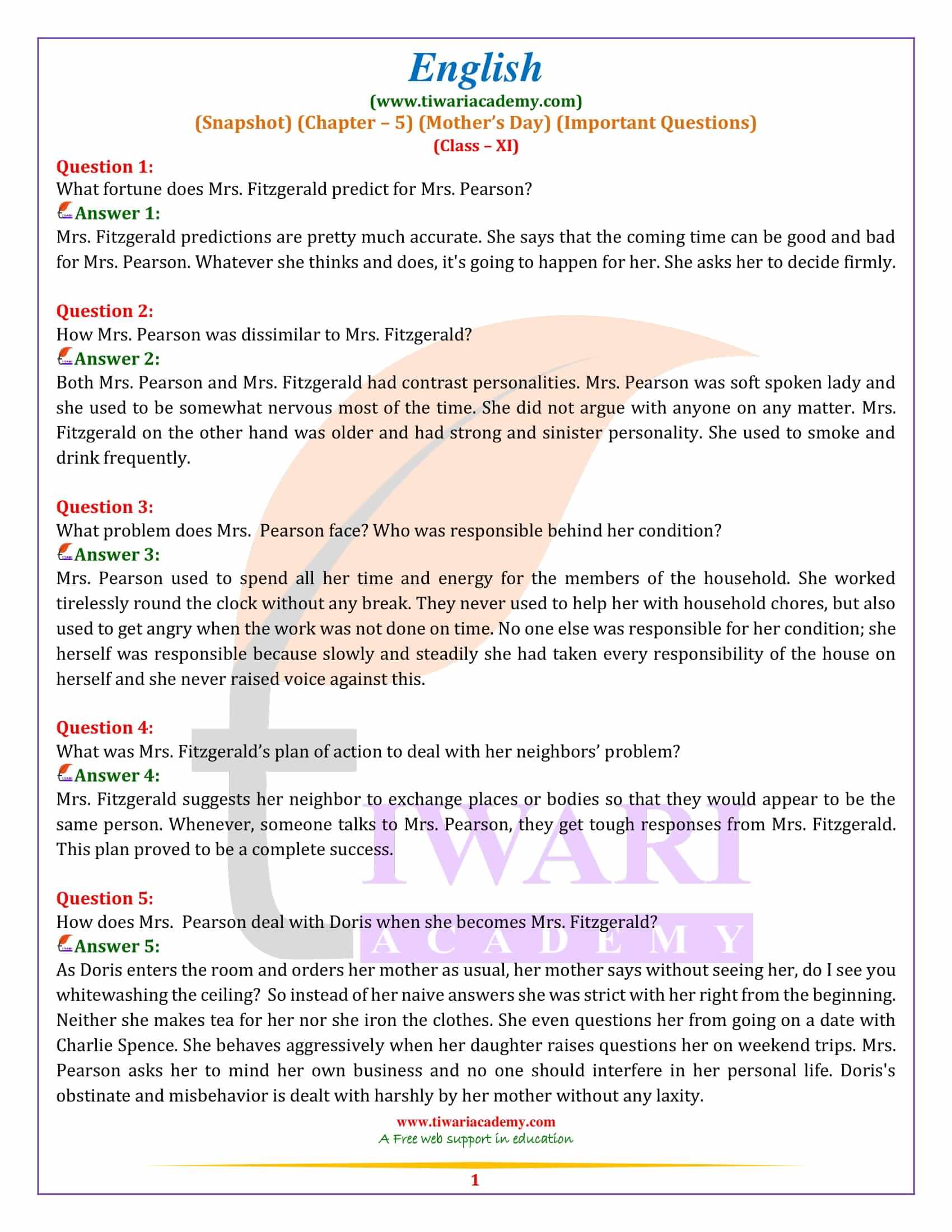 Class 11 English Snapshots Chapter 5 Important Questions Mothers Day