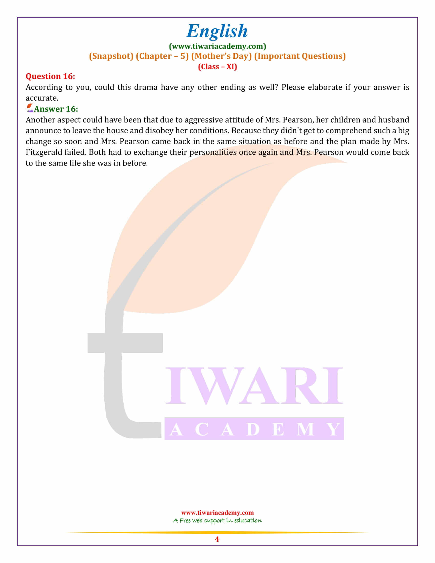 Class 11 English Snapshots Chapter 5 Important Questions Mothers Day