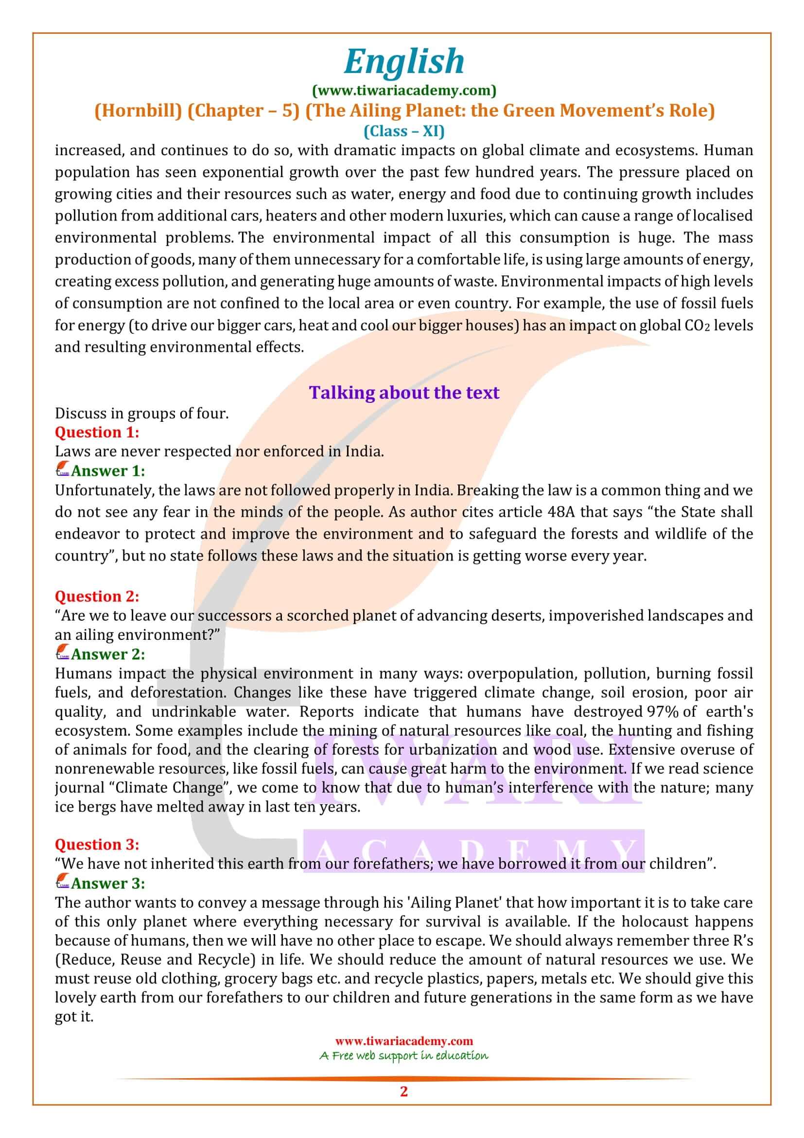 Ncert Solutions For Class 11 English Chapter 5 The Ailing Planet