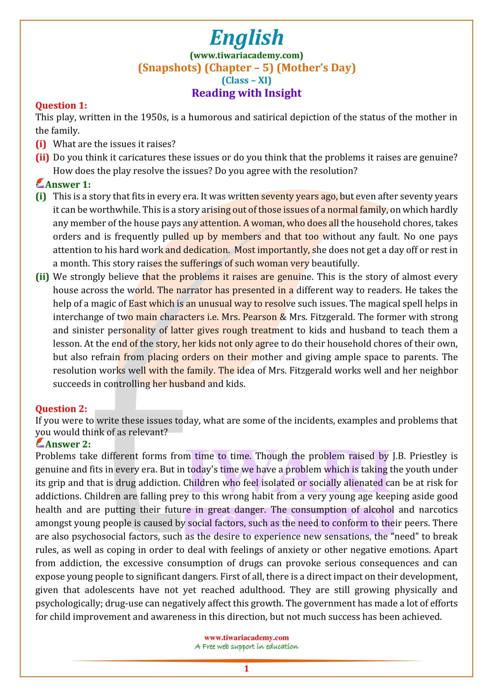 Ncert Solutions For Class 11 English Snapshots Chapter 5 Mothers Day