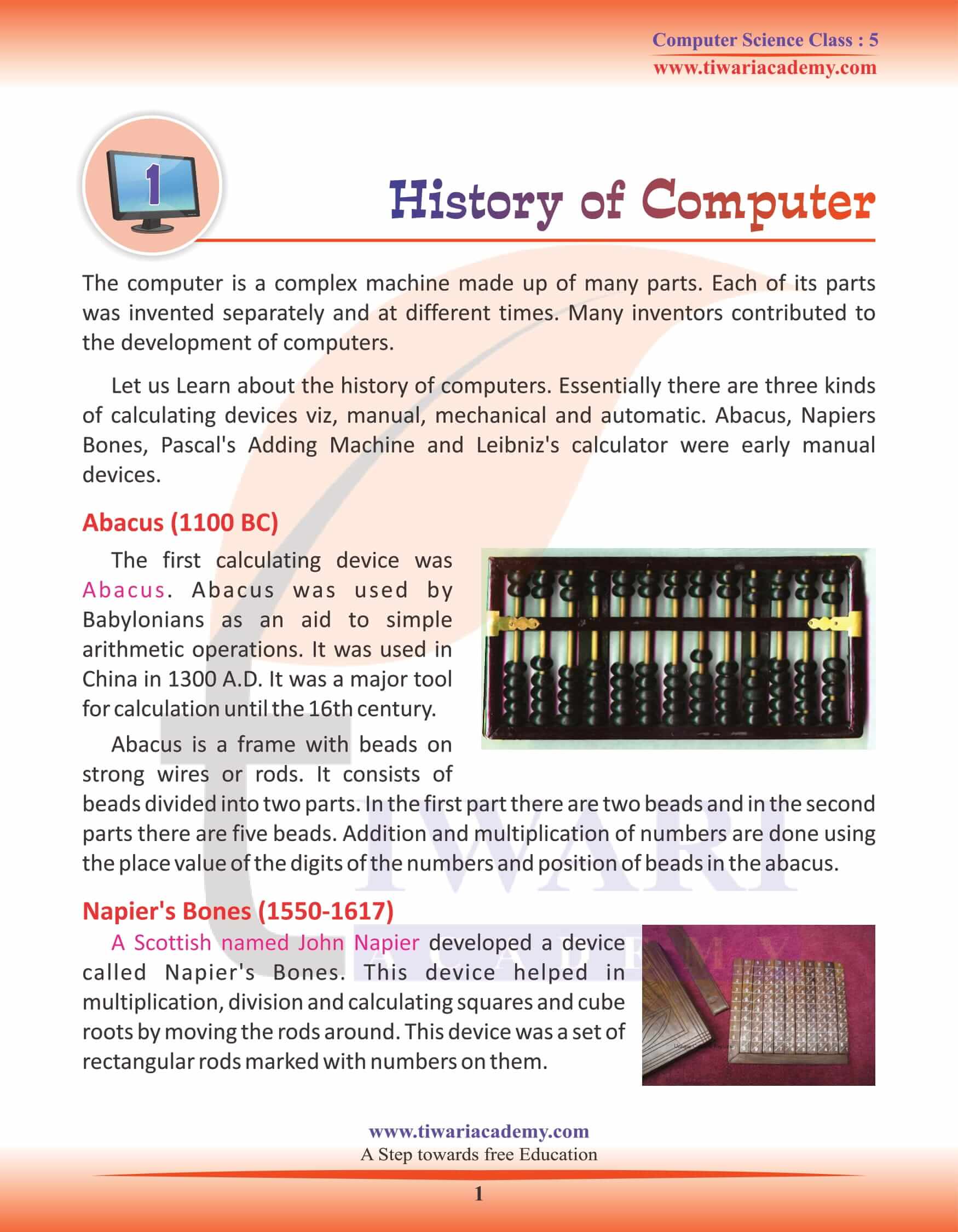 Class 5 Computer Science Chapter 1 History of Computer Class 5 Computer Science Chapter 1 History of Computer