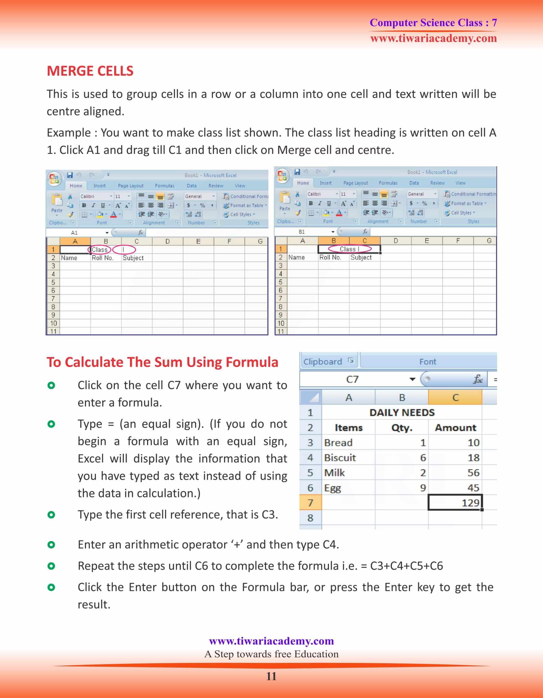 Class 7 Computer Science Chapter 4 Basics of Microsoft Excel Class 7 Computer Science Chapter 4 Basics of Microsoft Excel