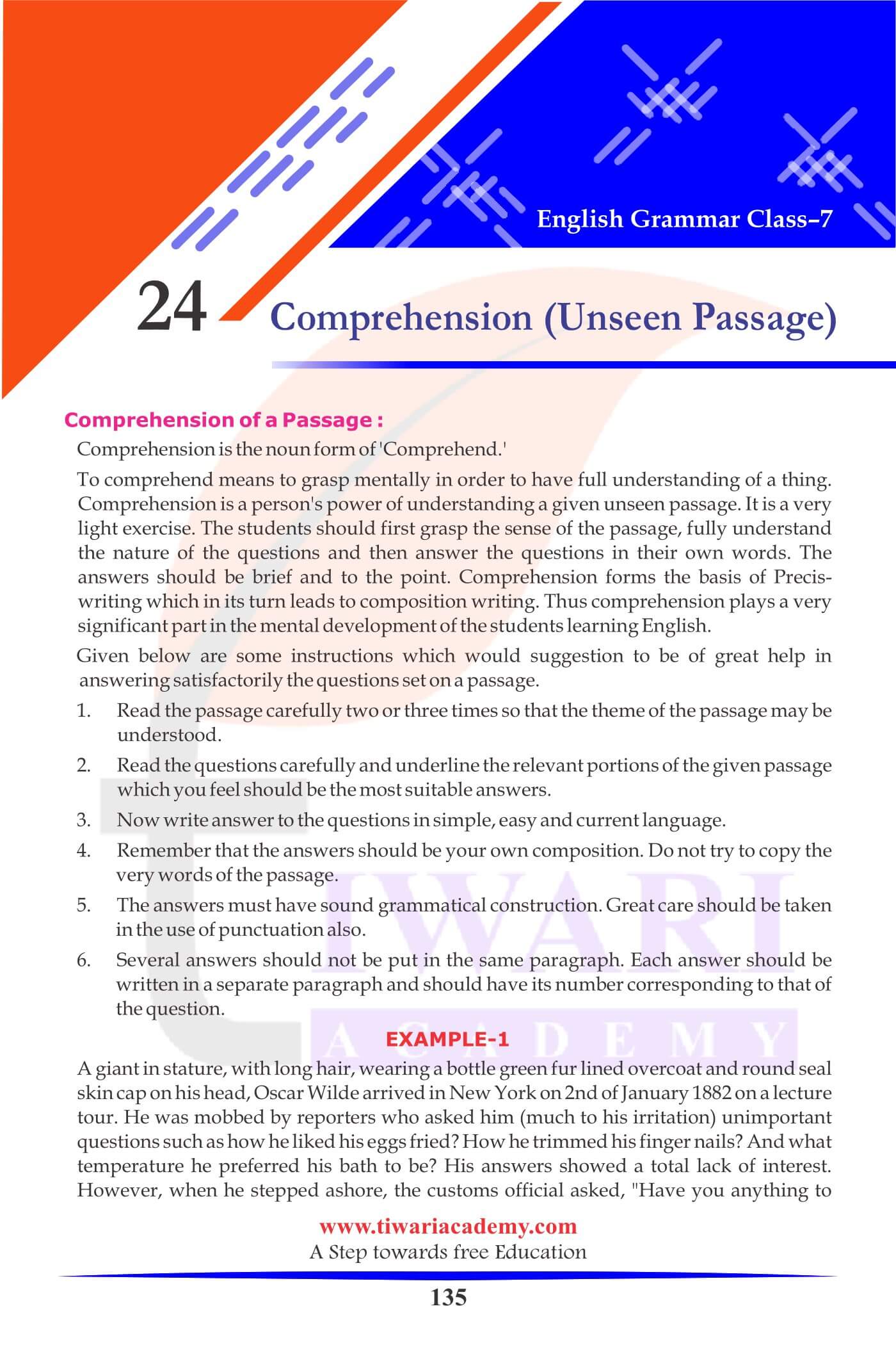 Class 7 English Grammar Chapter 24 Comprehension or Unseen Passage. Class 7 English Grammar Chapter 24 Comprehension or Unseen Passage.